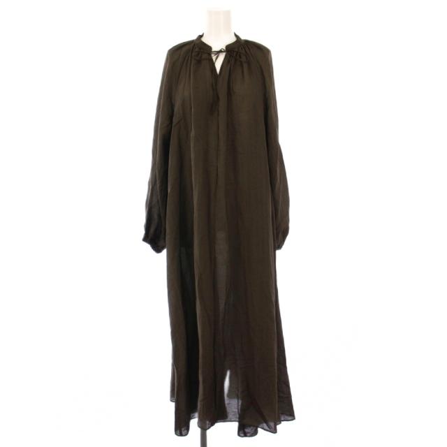 【中古】プルミエ アロンディスモン レーヨンナイロンギャザーワンピース マキシ ロング 長袖 シアー 36 カーキ