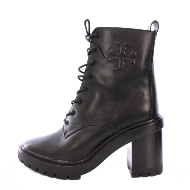 【中古】トリーバーチ ダブルTラグアンクルブーツ ショート レースアップ チャンキーヒール 厚底 ワンカラー 黒