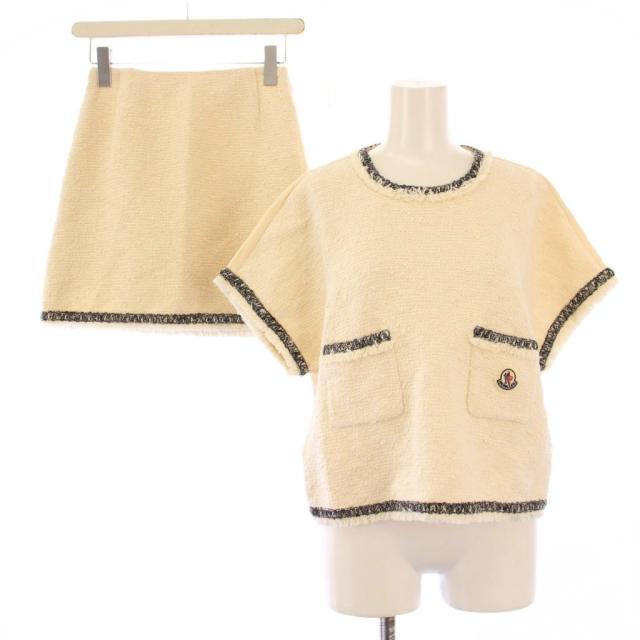 【中古】モンクレール セットアップ カットソー 半袖 クルーネック ロゴ 台形スカート ミニ丈 ツイード XS ベージュ