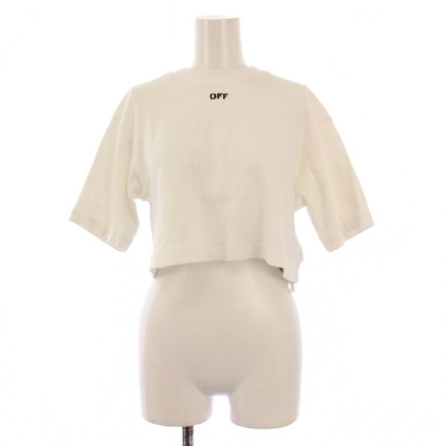 【中古】オフホワイト ロゴディティールクロップドTシャツ カットソー 半袖 クルーネック ショート丈 白
