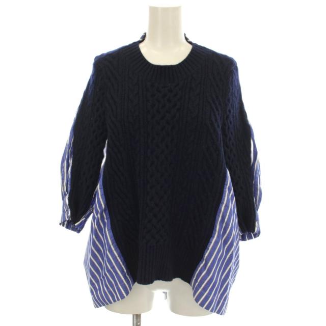 【中古】サカイ sacai ニット ドッキングシャツ ストライプ 五分袖 ネイビー 紺 SCN-040 /☆G レディース