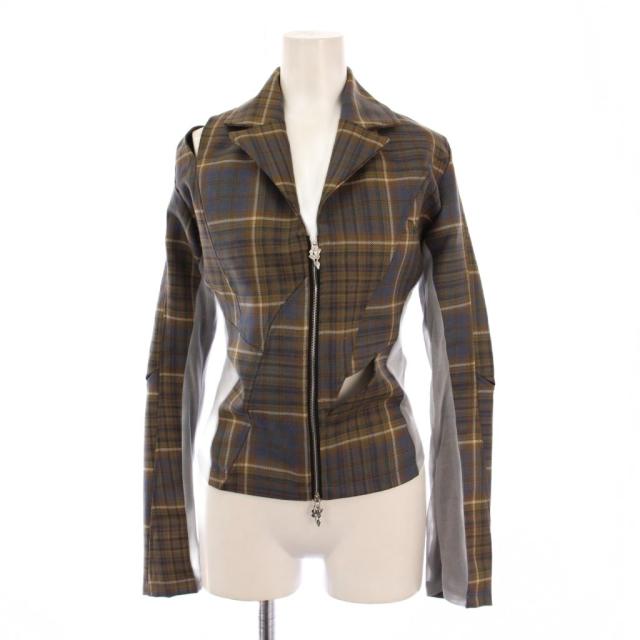 【中古】レイヴレビュー RAVE REVIEW チェックジャケット アウター ジップアップ ショート丈 ウール 36 茶 グレー