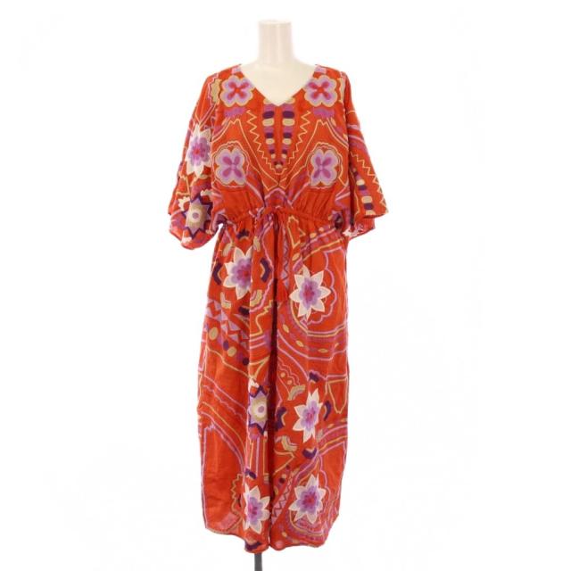 【中古】グレースコンチネンタル フラワー刺繍ポンチョワンピース フレア ミモレ ロング 七分袖 Vネック オレンジ