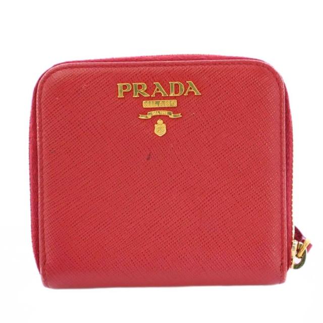 【中古】プラダ PRADA 二つ折り財布 コンパクトウォレット スクエア レザー ロゴ 赤 レッド /BB ■OH レディース