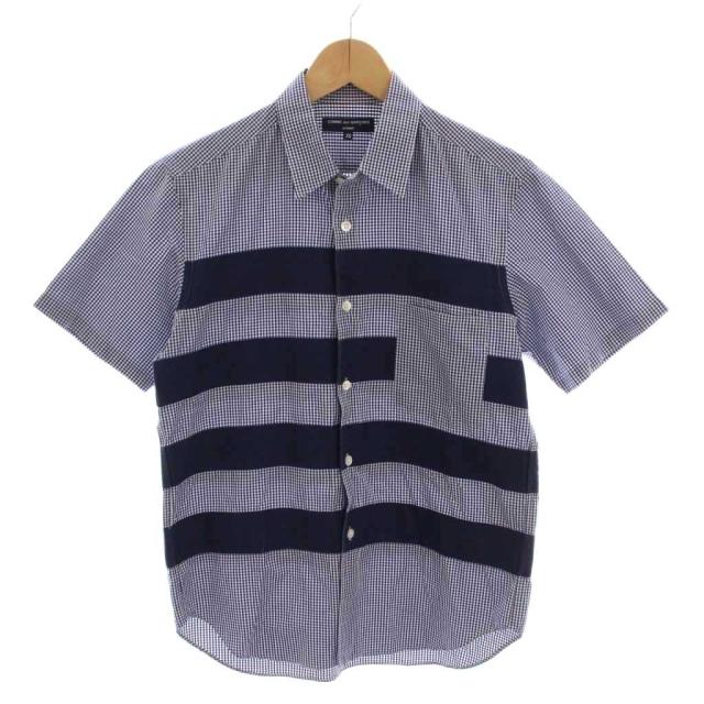 【中古】コムデギャルソンオム COMME des GARCONS HOMME AD2010 半袖 シャツ チェック ボーダー XS 紺 ネイビー 白