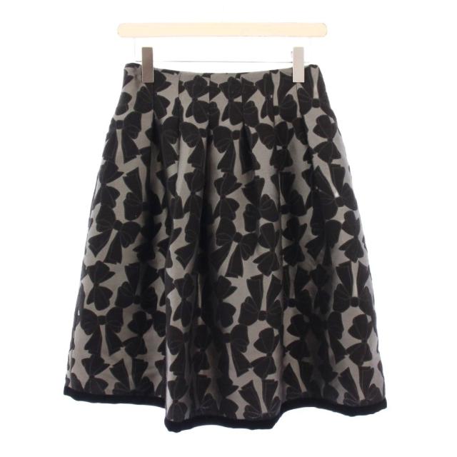 【中古】エムズグレイシー リボンジャカードスカート フレア タック ひざ丈 ベルベット 切替 総柄 38 黒 グレー