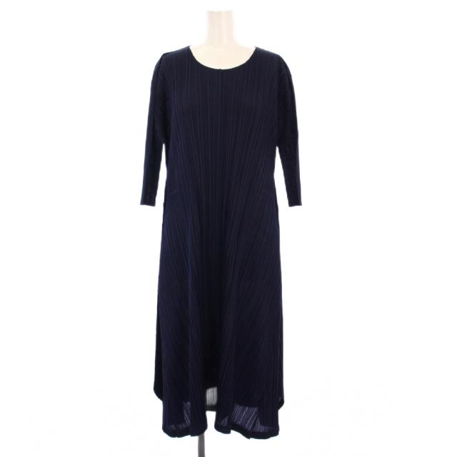 【中古】プリーツプリーズ PLEATS PLEASE イッセイミヤケ プリーツ ワンピース 五分袖 ロング 2 紺 PP41JH285 /KH