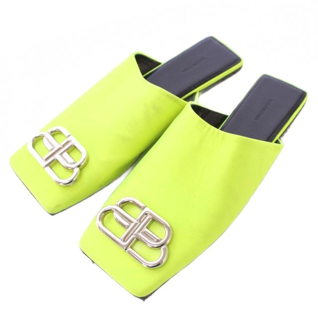 【中古】バレンシアガ BALENCIAGA BBミュール サンダル スクエアトゥ フラット ロゴ 装飾 37 黄緑 ライトグリーン