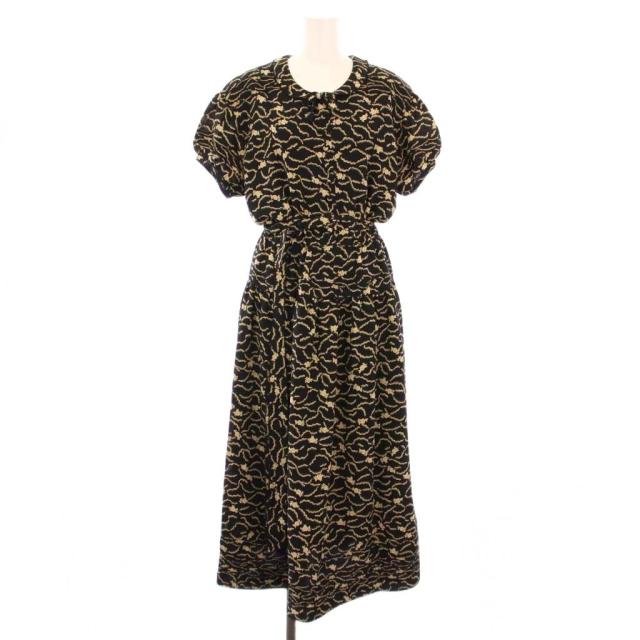 【中古】カネコイサオ フレアワンピース マキシ ロング 半袖 パフスリーブ ストレッチ バイカラー 総柄 黒 ベージュ