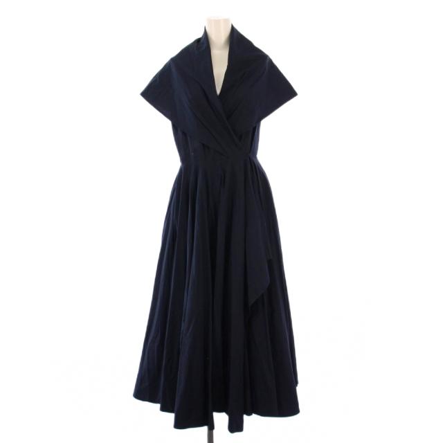 【中古】JENNE ジェンヌ クラシカルショールカラーワンピース フレア マキシ ロング ワンカラー S 紺