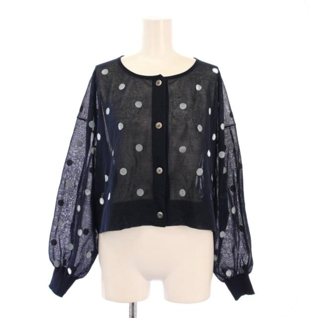 【中古】イエナ FILMYドットカーディガン 長袖 クルーネック ストレッチ ショート丈 シアー シースルー F 紺 水色