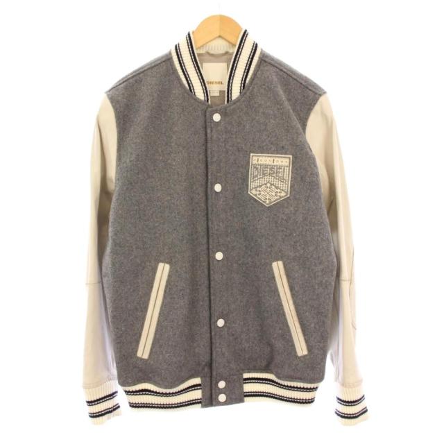 【中古】ディーゼル スタジャン ブルゾン アウター ショート丈 ウール レザー 羊革 切替 ロゴ M グレー グレージュ