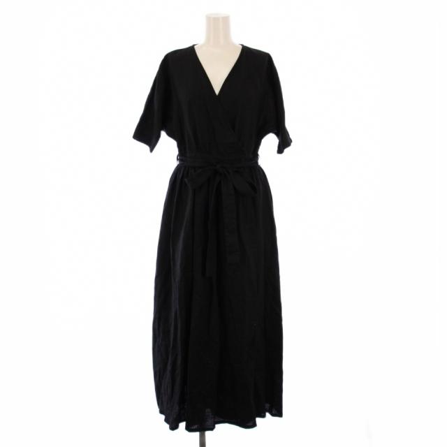 【中古】未使用品 ツル バイ マリコオイカワ ラップワンピース 巻き フレア マキシ ロング 半袖 Vネック F 黒