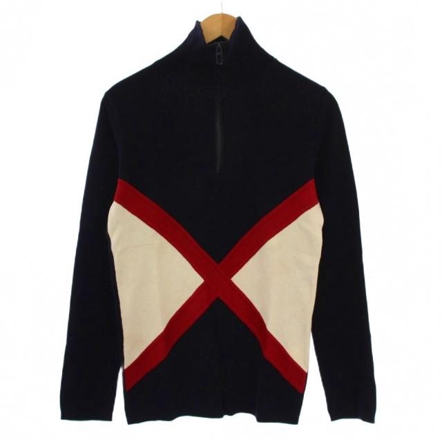 【中古】グッチ GUCCI ニット セーター 長袖 ハイネック ハーフジップ M 紺 赤 白 /BM メンズ