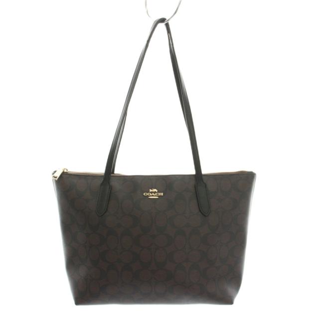 【中古】コーチ COACH トートバッグ シグネチャー レザー 茶 ブラウン 黒 ブラック G2154 /YT レディース