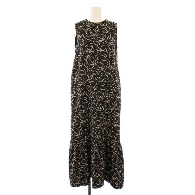 【中古】エストネーション ノースリーブティアードワンピース フレア ミモレ ロング 黒 ライトベージュ