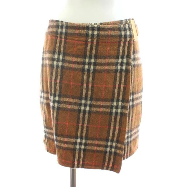 【中古】バーバリーブルーレーベル ラップスカート 巻きスカート ミニ ノバチェック ウール 38 茶 ブラウン FXF66-703