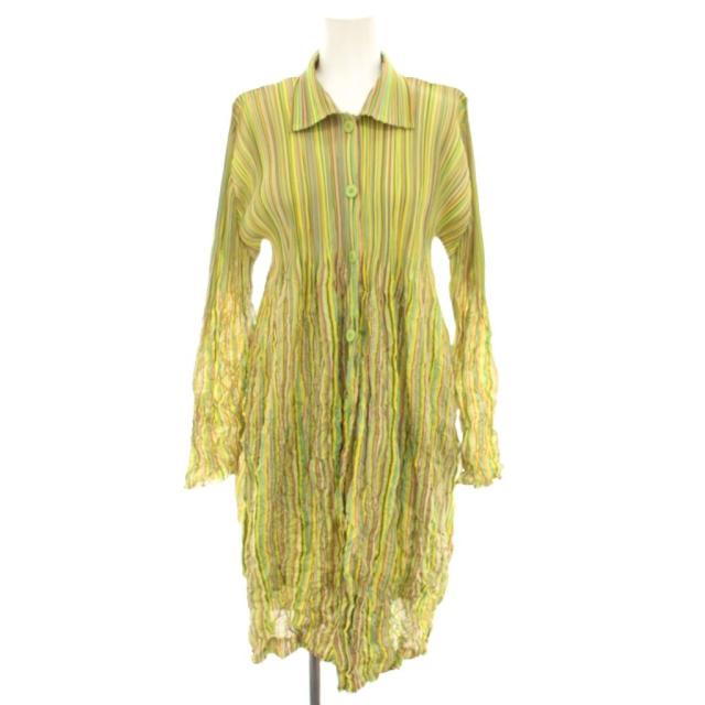 【中古】プリーツプリーズイッセイミヤケマルチストライプシワ加工プリーツロングカーディガンPP11-JA551レディース