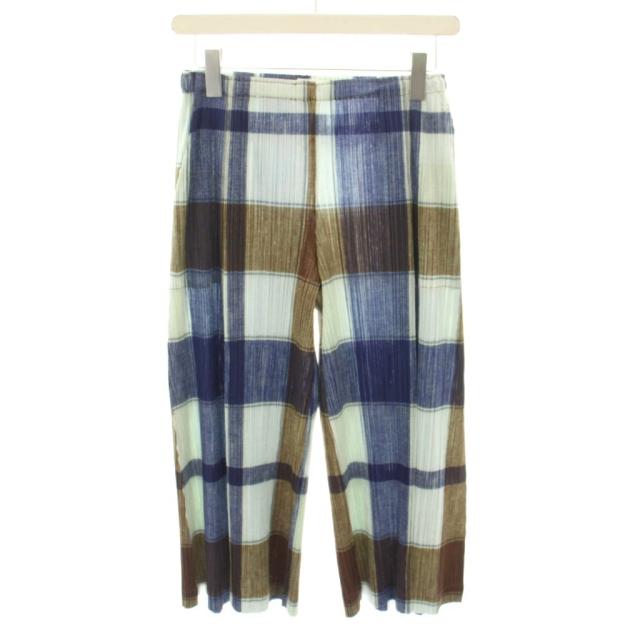 【中古】プリーツプリーズ イッセイミヤケ プリーツパンツ イージーパンツ チェック 2 青 水色 PP1-JF783 レディース