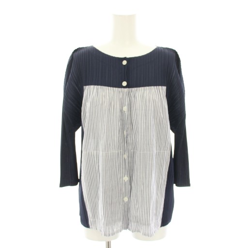 【中古】プリーツプリーズ イッセイミヤケ カーディガン 七分袖 ストライプ柄 切替 3 紺 白 PP41-J0734 レディース