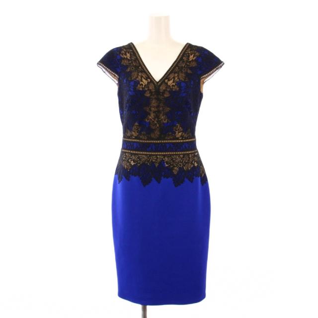 【中古】タダシショージ タイトワンピース ひざ丈 ノースリーブ Vネック ストレッチ レース 切替 0 青 黒