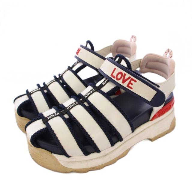 【中古】フェンディ FENDI T-REX ケージサンダル ストラップ 35 白 紺 赤 8X6836 /TK レディース