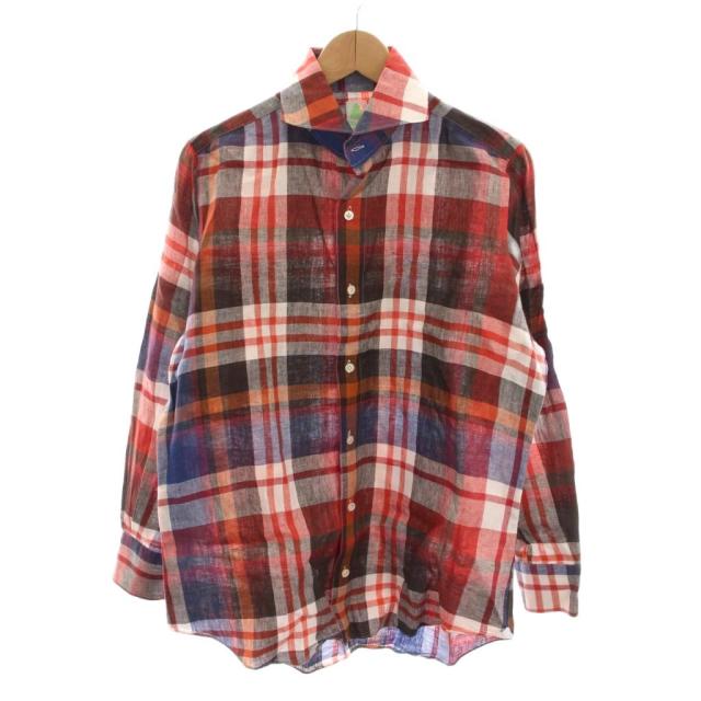 【中古】フィナモレ finamore 長袖 シャツ リネン チェック M 赤 レッド ブラウン ネイビー 白 /YM メンズ