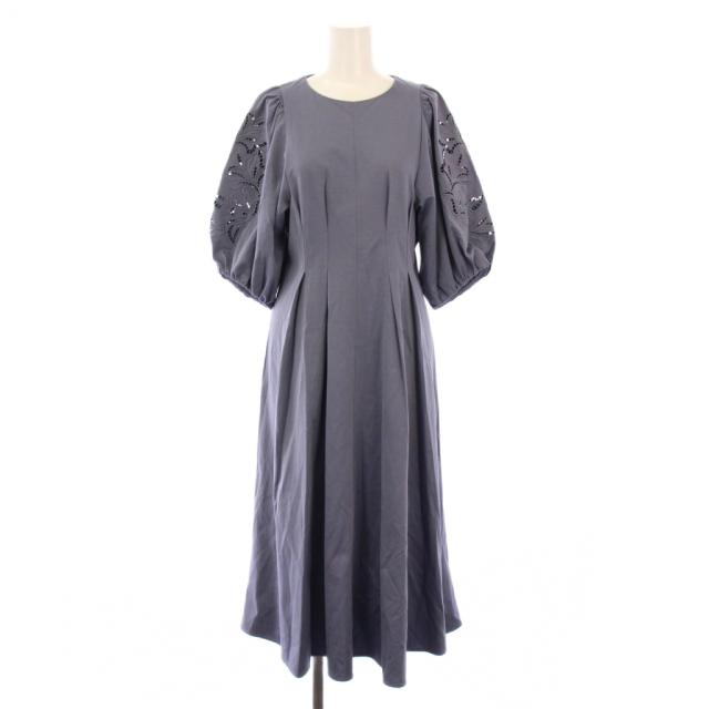 【中古】アナイ モクロディ刺繍袖 フレアワンピース ミモレ ロング 五分袖 パフスリーブ クルーネック 36 グレー