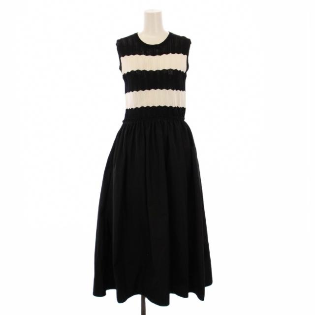 【中古】アナイ フレアワンピース ミモレ ロング ニット 切替 ノースリーブ クルーネック ボーダー柄 36 黒 白