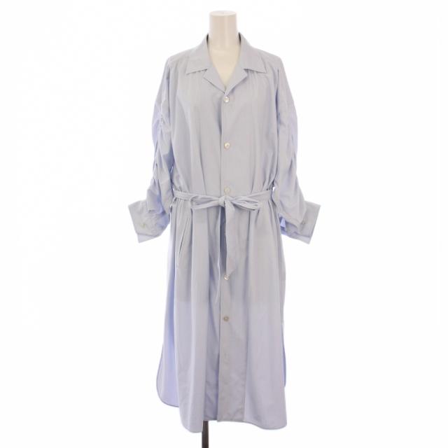 【中古】ハート イッセイミヤケ シャツワンピース ミモレ ロング 長袖 オープンカラー ストライプ柄 ベルト 水色 白