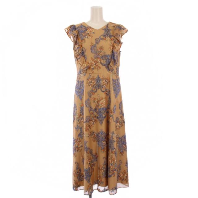 【中古】未使用品 グレースコンチネンタル オーナメント刺繍ワンピース フレア ミモレ ロング フリル 花柄 茶