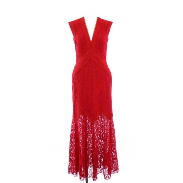 【中古】タダシショージ タイトワンピース マキシ ロング ノースリーブ Vネック レース ワンカラー 赤