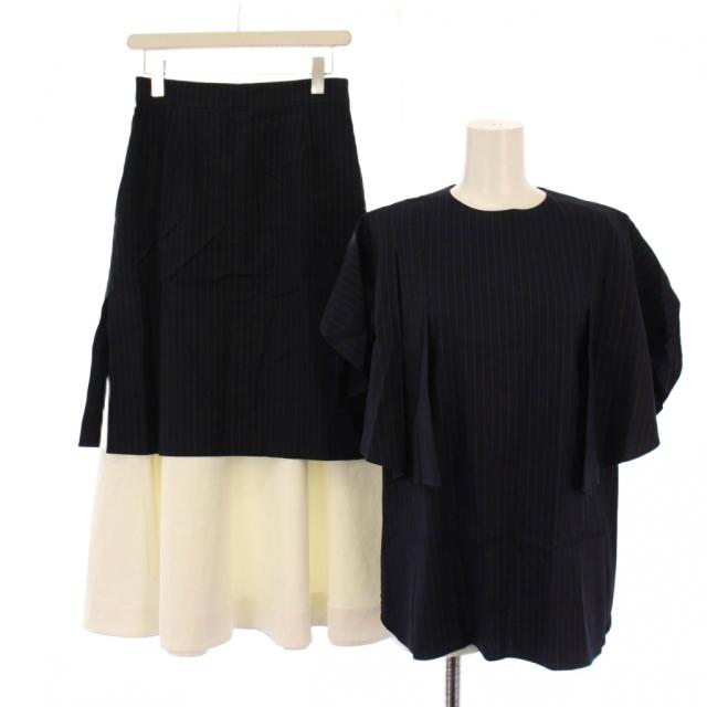 【中古】アドーア バイオ麻ブラウス スカート セットアップ シャツ プルオーバー 半袖 クルーネック フレア 紺 白