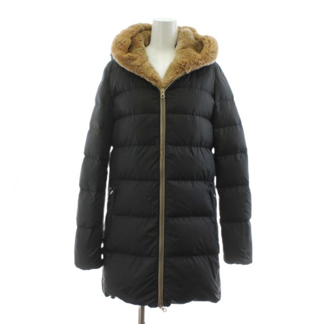 【中古】デュベティカ ダウンコート ロング フード ラビットファー ジップアップ ナイロン 42 黒 ブラック