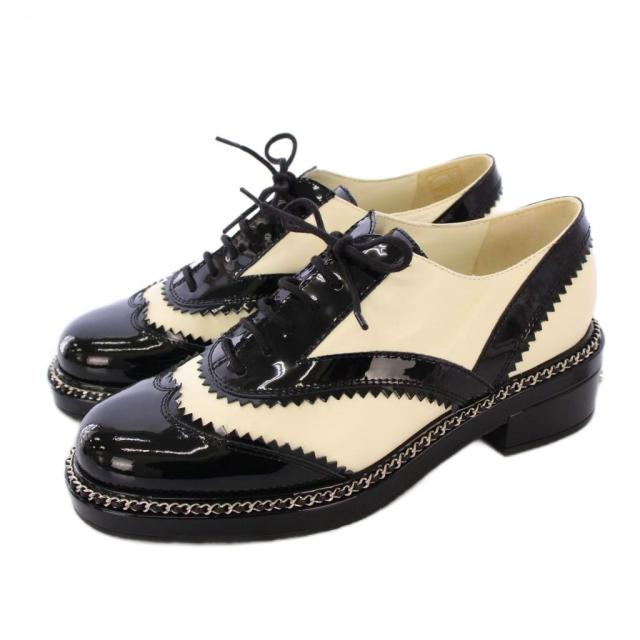 【中古】シャネル CHANEL レースアップシューズ ドレスシューズ ウイングチップ バイカラー レザー 38C 黒 白
