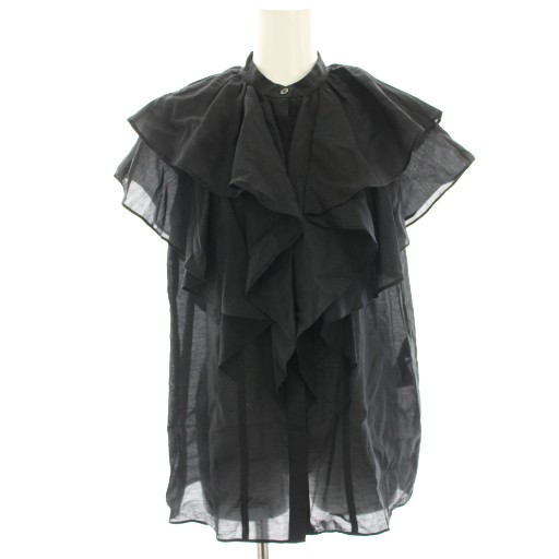 【中古】プルミエ アロンディスモン シアーキュプラシルクラッフルブラウス シャツ フレンチスリーブ フリル 38 黒