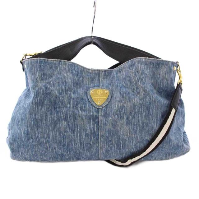 【中古】アタオ ATAO elvy エルヴィ 2WAY ハンドバッグ ショルダーバッグ デニム レザー 切替 ロゴ 青 ブルー 黒