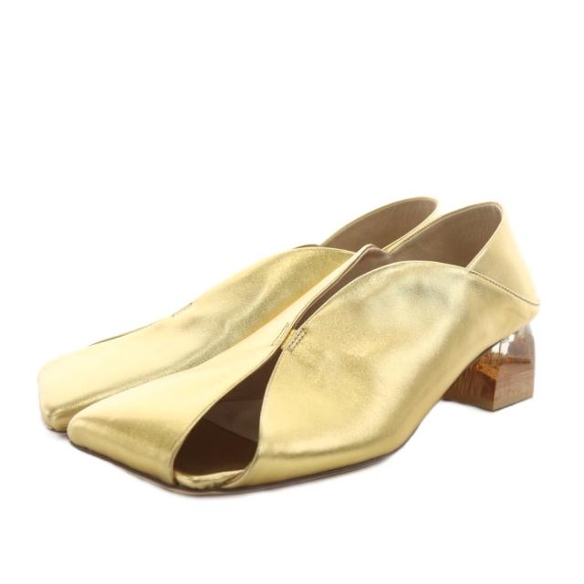 【中古】アルム パンプス レザー 本革 39 ゴールドカラー 金色 スクエアトゥ Vカット チャンキーヒール クリアヒール