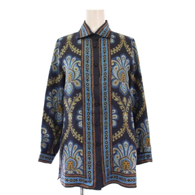 【中古】エトロ ETRO シャツ ブラウス 長袖 レギュラーカラー 総柄 シルク 38 紺 ネイビー 青 ブルー