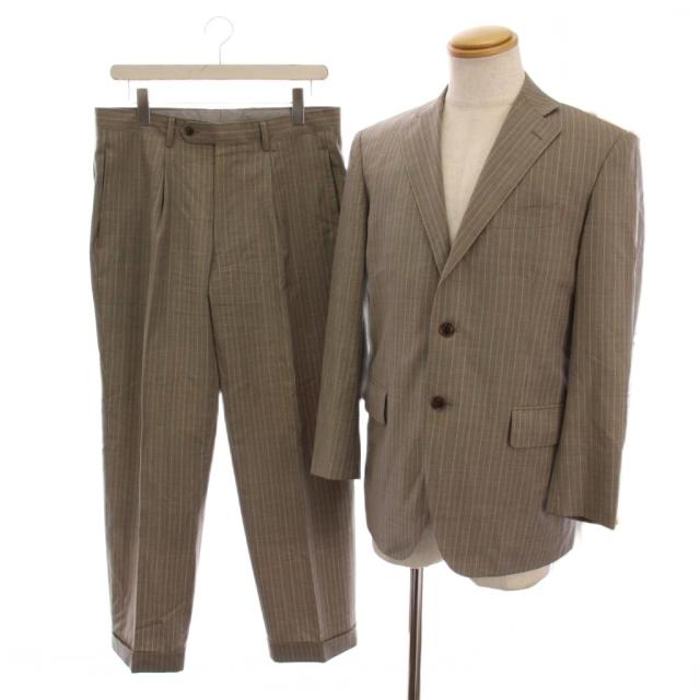 【中古】ミツミネ ロロピアーナ シングルスーツ セットアップ 上下 ジャケット ストライプ パンツ 94AB4 グレージュ