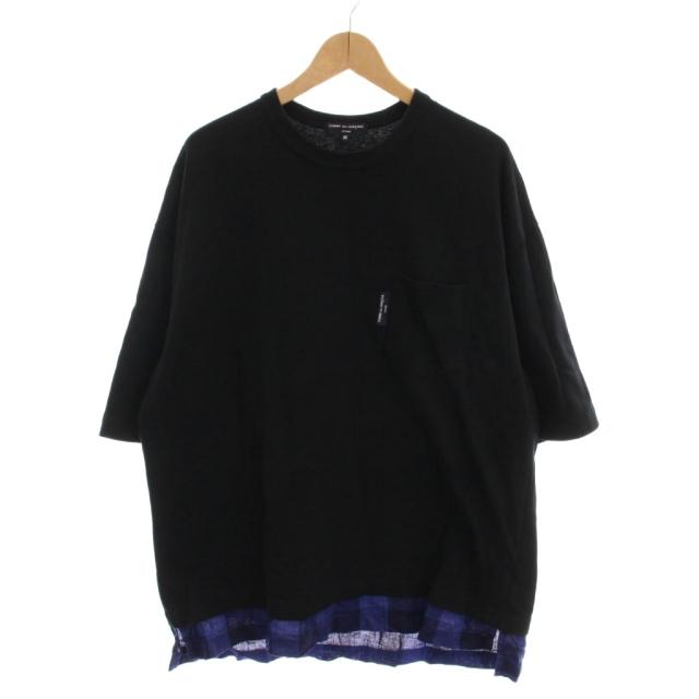【中古】コムデギャルソンオム AD2021 Tシャツ カットソー 半袖 M 黒 ブラック レイヤード 裾チェック HI-T016