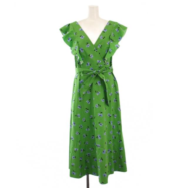 【中古】未使用品 ケイトスペード KATE SPADE フレアワンピース ミモレ ロング ノースリーブ Vネック 花柄 6 緑