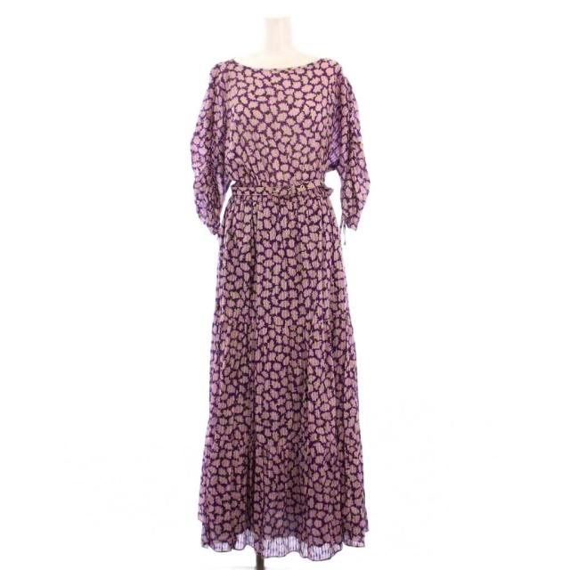 【中古】未使用品 ケイトスペード KATE SPADE フレアワンピース マキシ ロング 七分袖 クルーネック 花柄 ベルト 紫