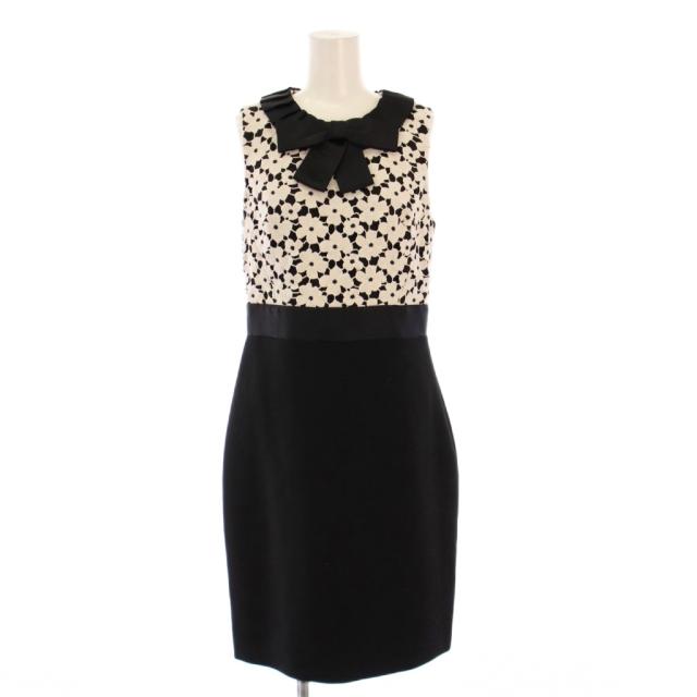 【中古】未使用品 ケイトスペード タイトワンピース ひざ丈 ノースリーブ クルーネック レース リボン 装飾 6 黒 白