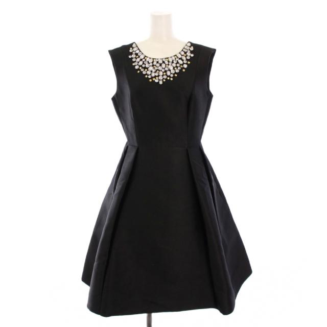 【中古】未使用品 ケイトスペード フレアワンピース ひざ丈 ノースリーブ クルーネック ビジュー 装飾 シルク混 黒