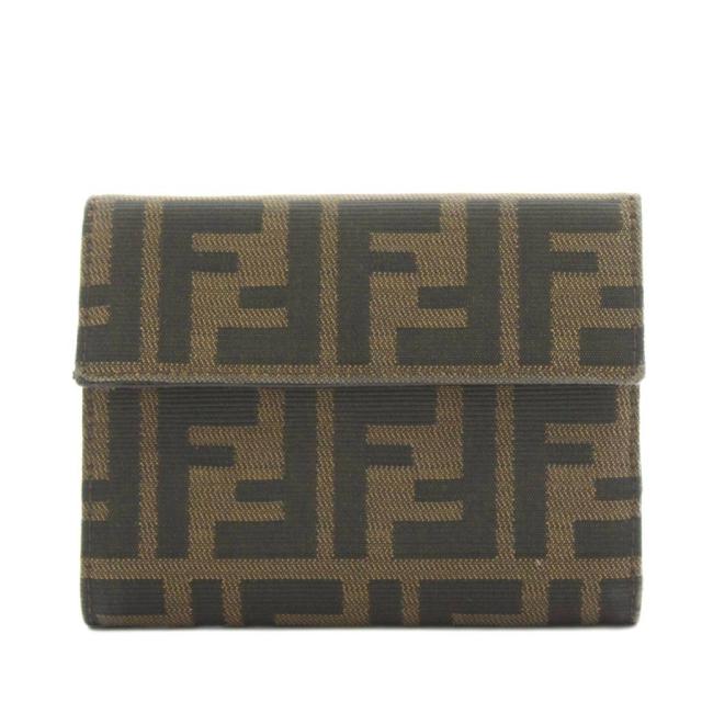 【中古】フェンディ FENDI ズッカ柄 三つ折り財布 小銭入れ キャンバス レザー 茶 ブラウン 黒 ブラック /AN35 ■OH