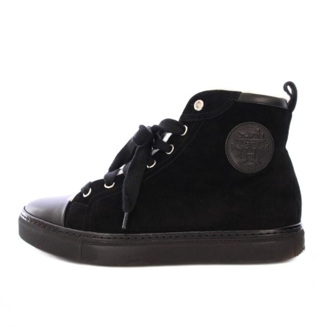 【中古】エルメス HERMES JIMMY ジミー ハイカットスニーカー シューズ 厚底 スエード 切替 ロゴ ワンカラー 38 黒