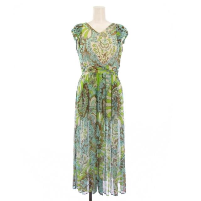 【中古】アナイ アラベスクプリントマキシフレアワンピース ミモレ ロング 半袖 クルーネック シアー 36 緑
