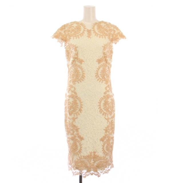 【中古】タダシショージ コンパクト刺繍レースパネルドレス タイトワンピース ひざ丈 ピンクベージュ 白