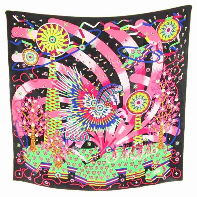 【中古】エルメス カレ90 LA SOURCE DE PEGASE ペガサスの源泉 スカーフ 総柄 シルク 絹 マルチカラー ピンク 緑